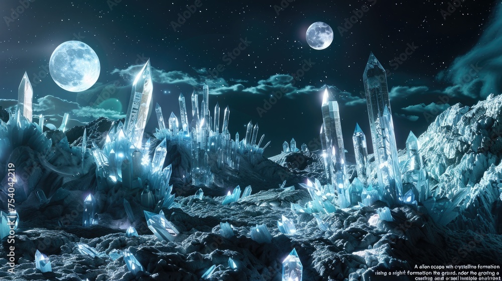 An alien landscape with crystalline formations rising from the ground ...