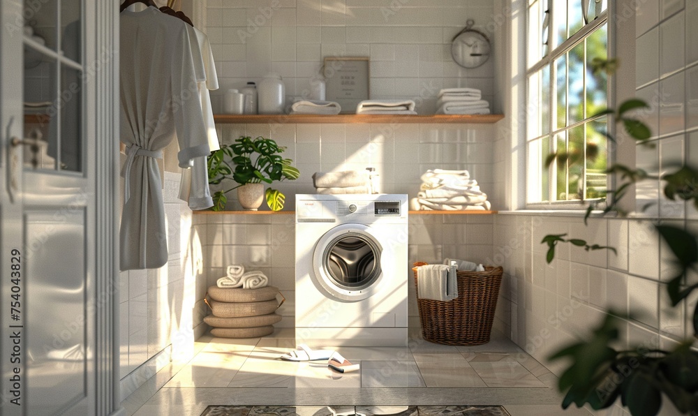 an open laundry room with the washing machine on a shelf in the style ...