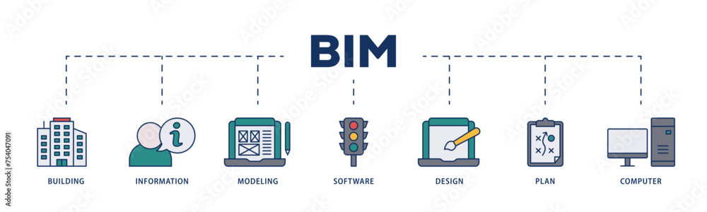 BIM icons process structure web banner illustration of building ...