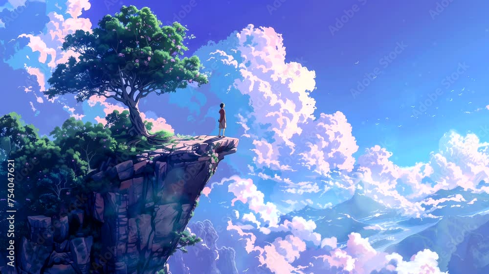 Anime boy standing on the edge of a cliff, side view. Fantasy landscape ...