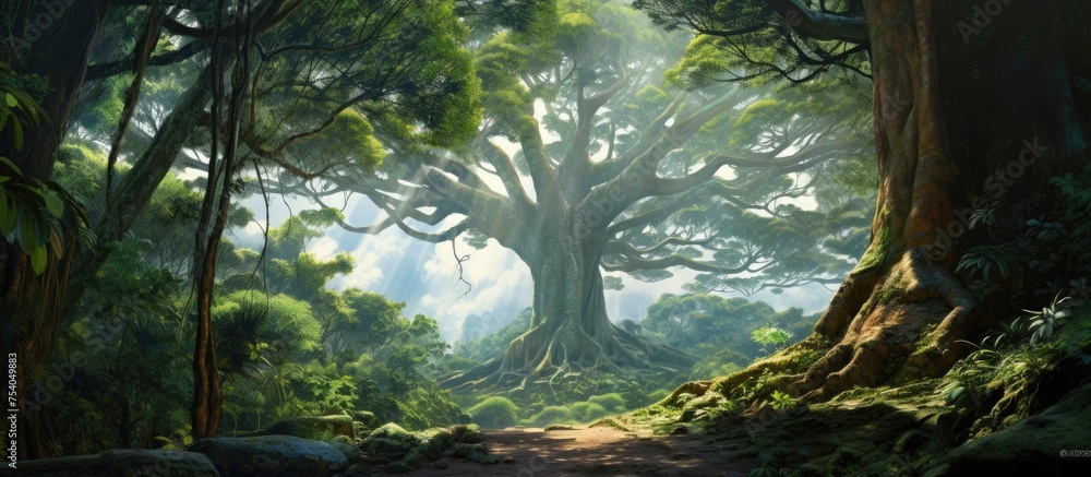 A realistic painting depicting a tall tree standing amidst a dense ...
