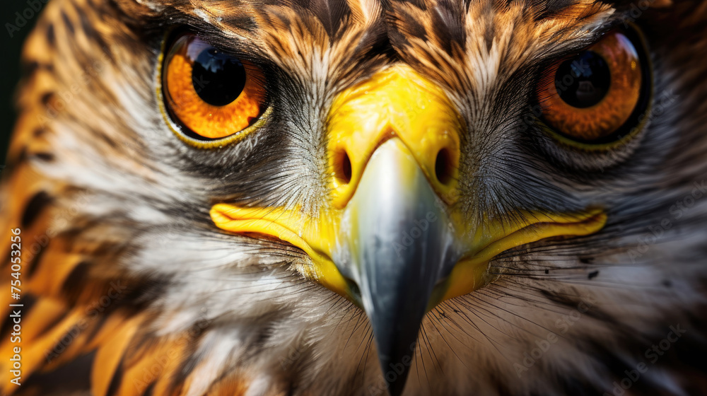 macro close-up of an eagle's hawk bird face with its sharp eyes, beak ...