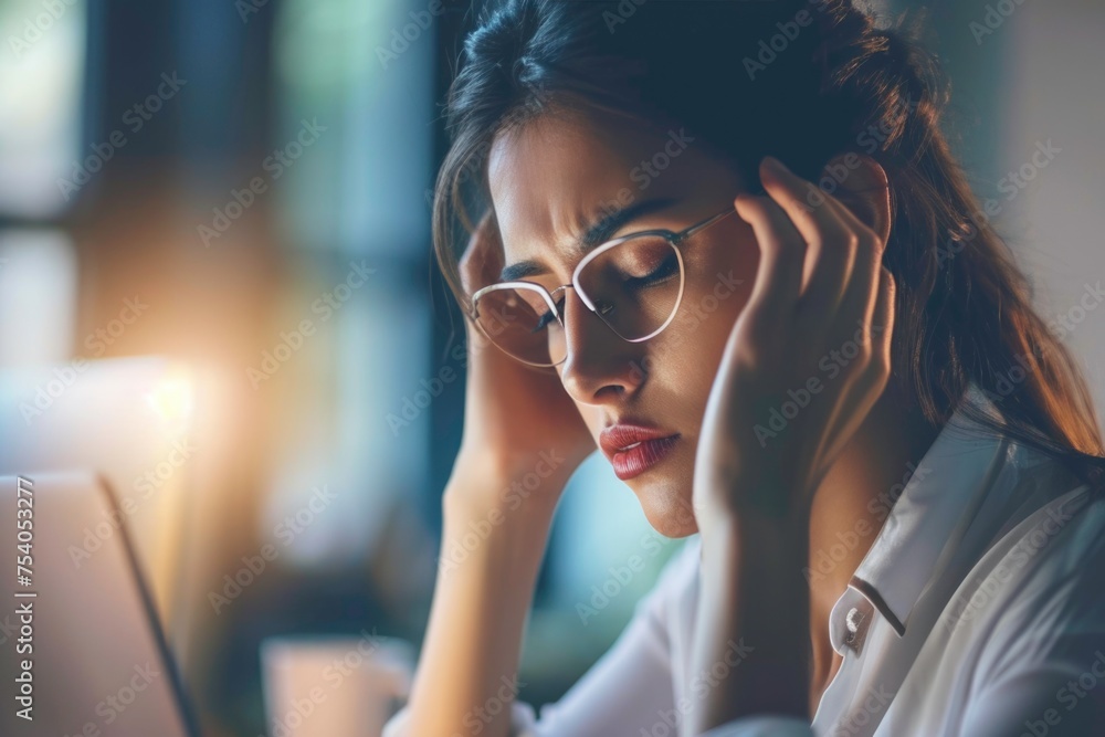 A young businesswoman looks tired, sad, and dizzy, showing how work can ...