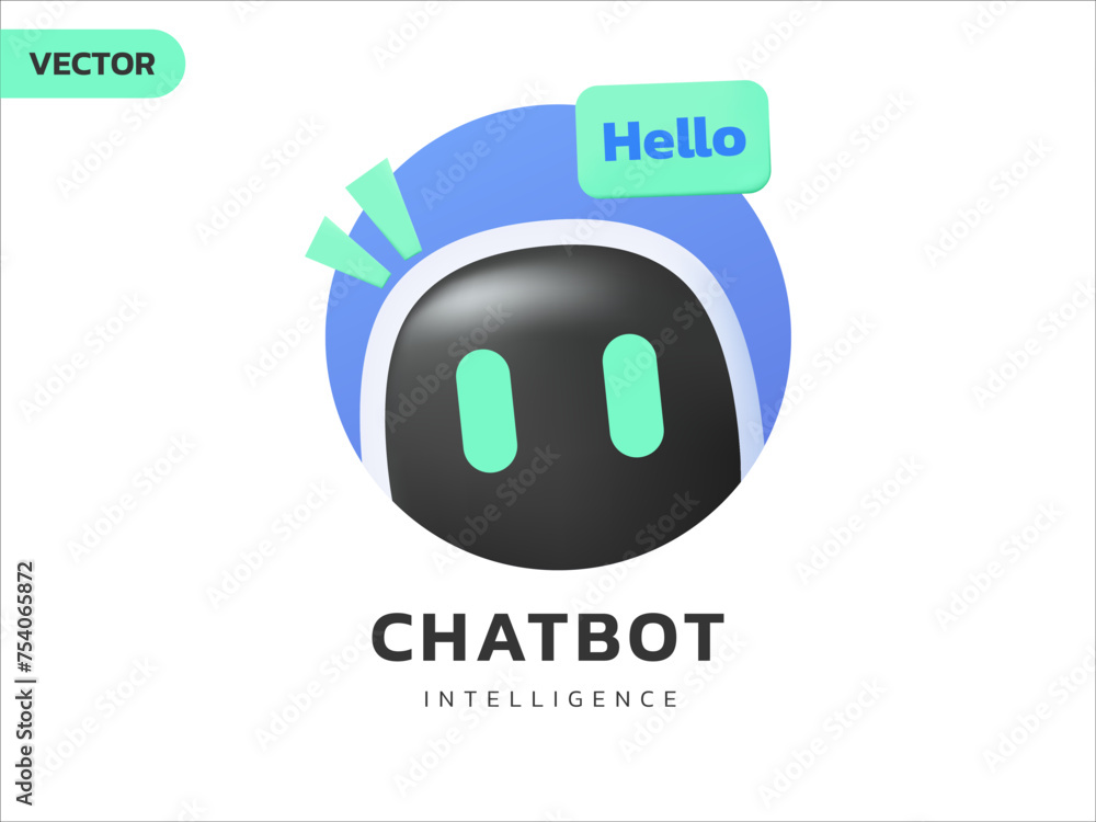 3D Vector Chat Bot Artificial Intelligence Technology with robotic happy friendly face logo ...