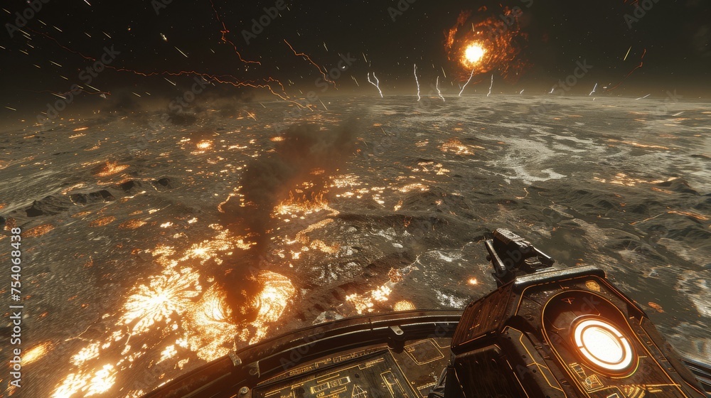Futuristic space battle scene viewed from a spaceship cockpit with ...
