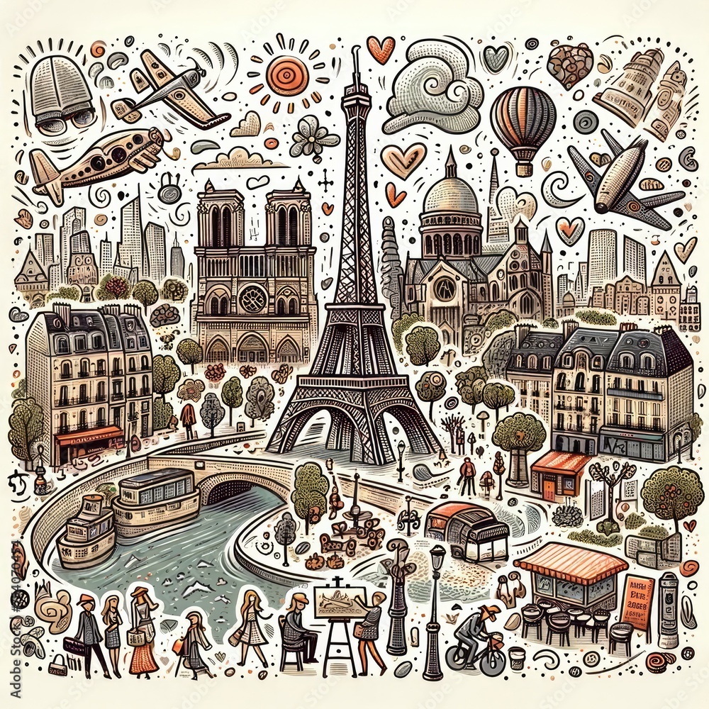 playful doodle drawing of France, highlighting its iconic landmarks and ...