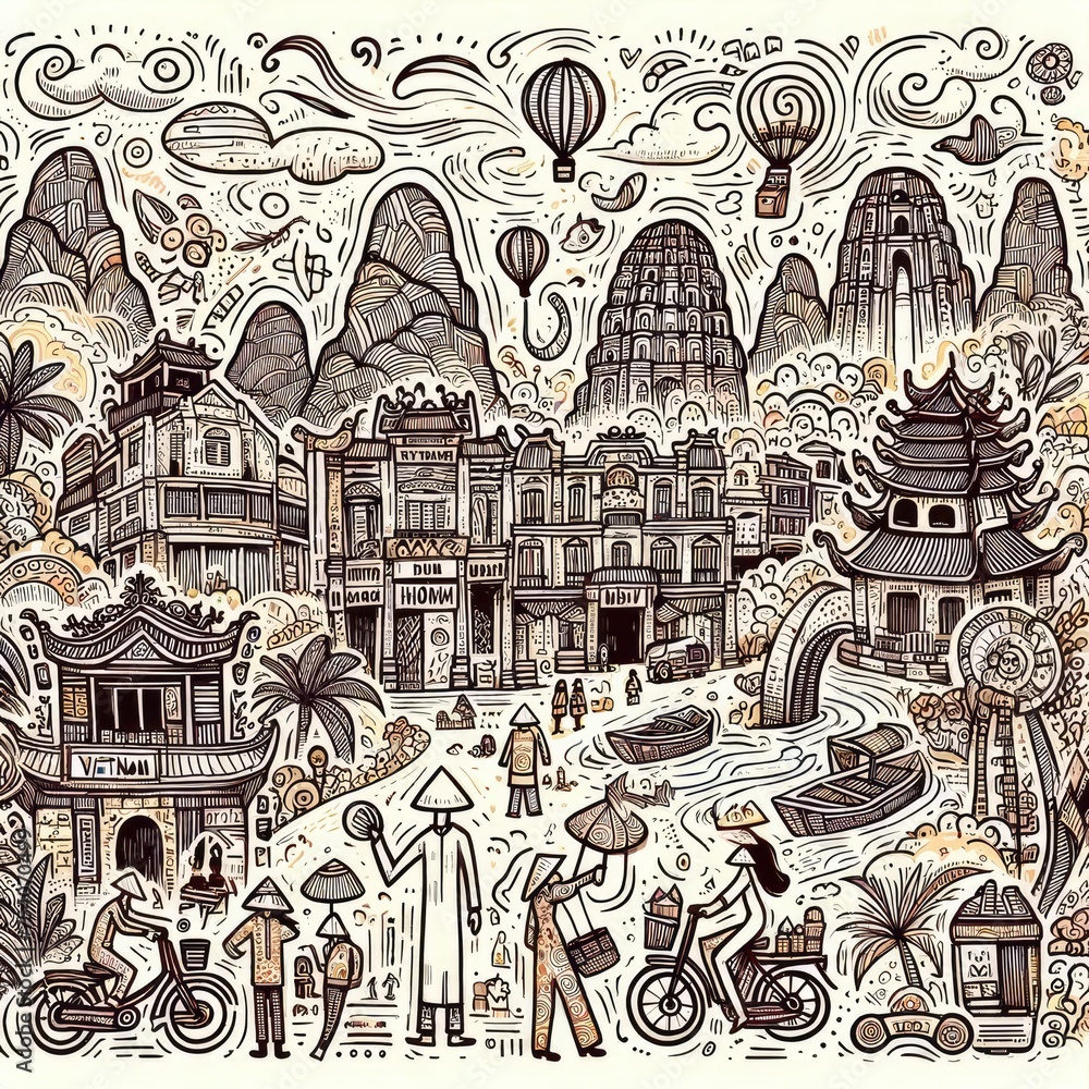playful doodle drawing of Vietnam, highlighting its iconic landmarks ...
