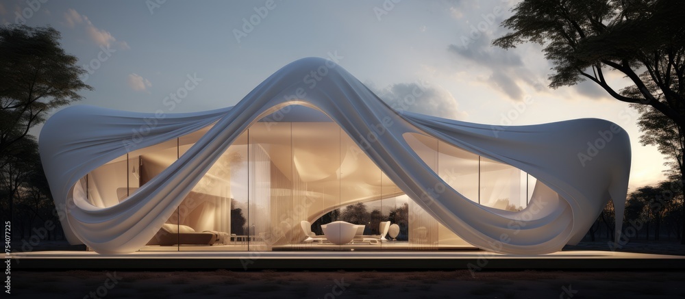 A modern, large white structure with a canopy on top provides shade and ...