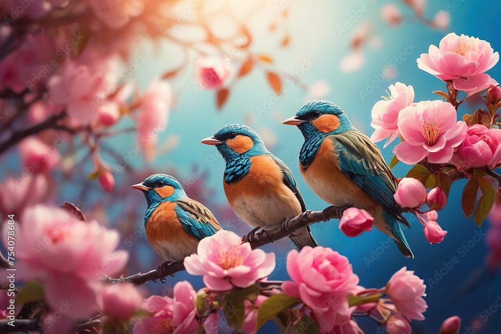 three birds sitting on a branch of a tree, colorful birds, 3 are spring ...