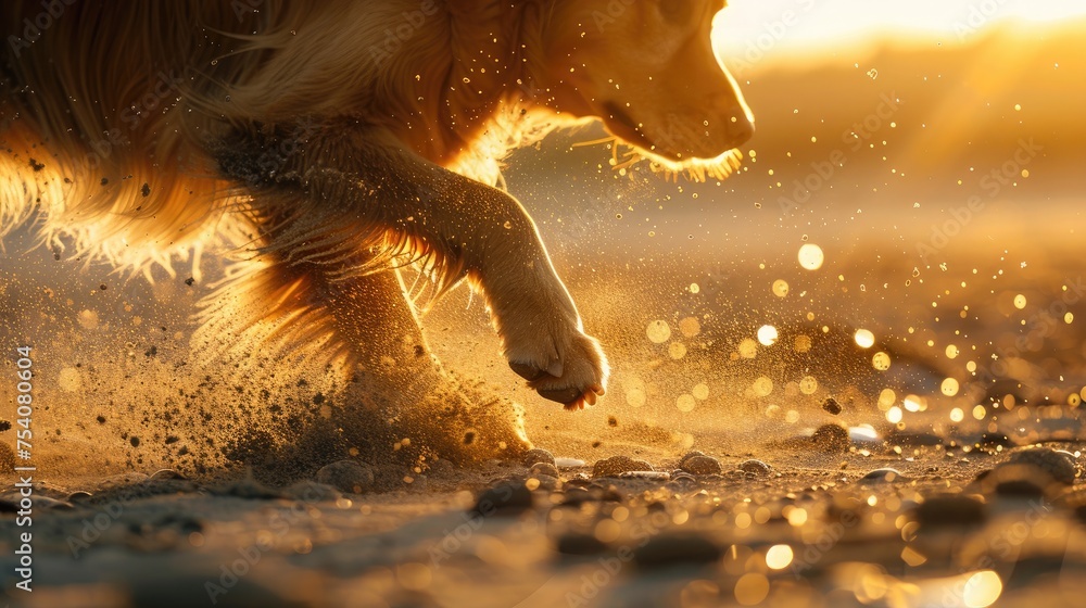 The exact moment a large dog's paw strikes the sand, causing a burst of ...