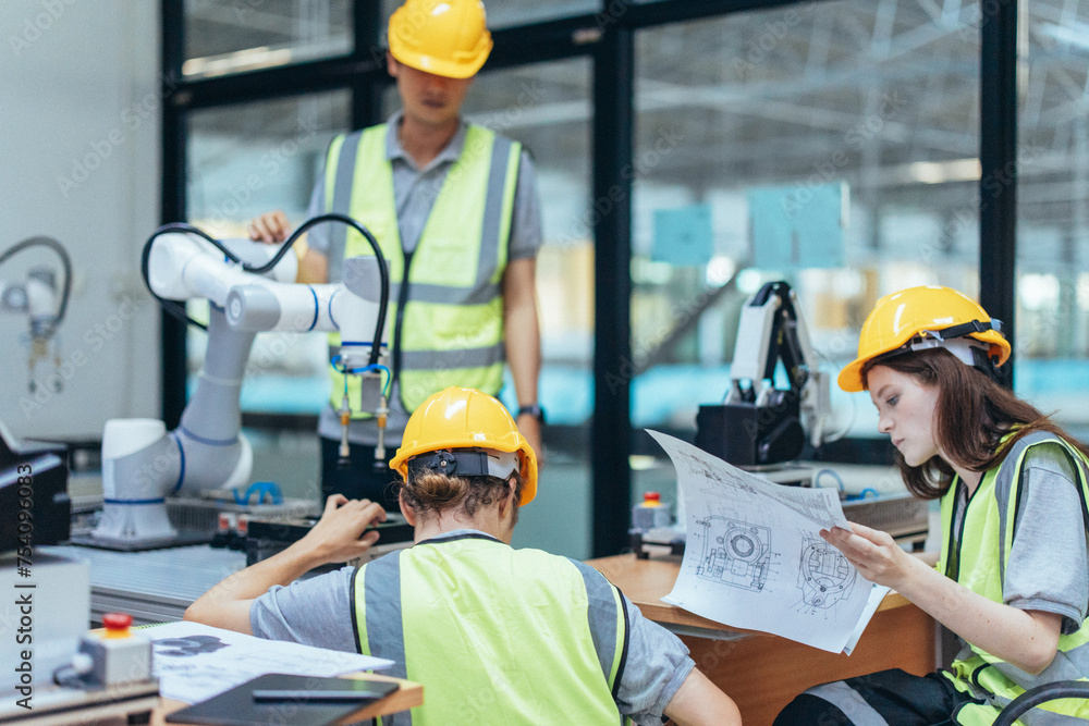 Trainees programing robotic arm in practical lesson at robotics academy ...