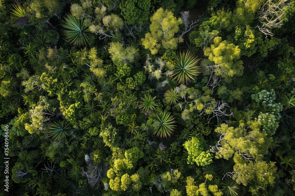 An aerial view of a rewilding area with flourishing native plants and ...