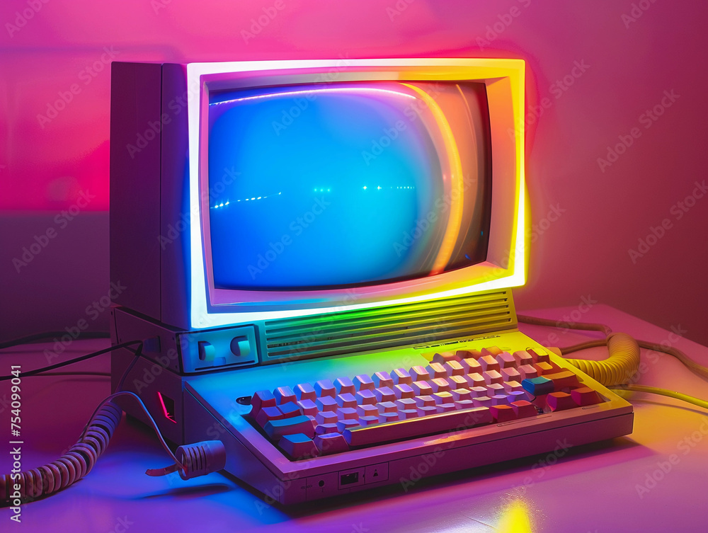 Vintage computer with CRT monitor from 80s or 90s and neon colors ...