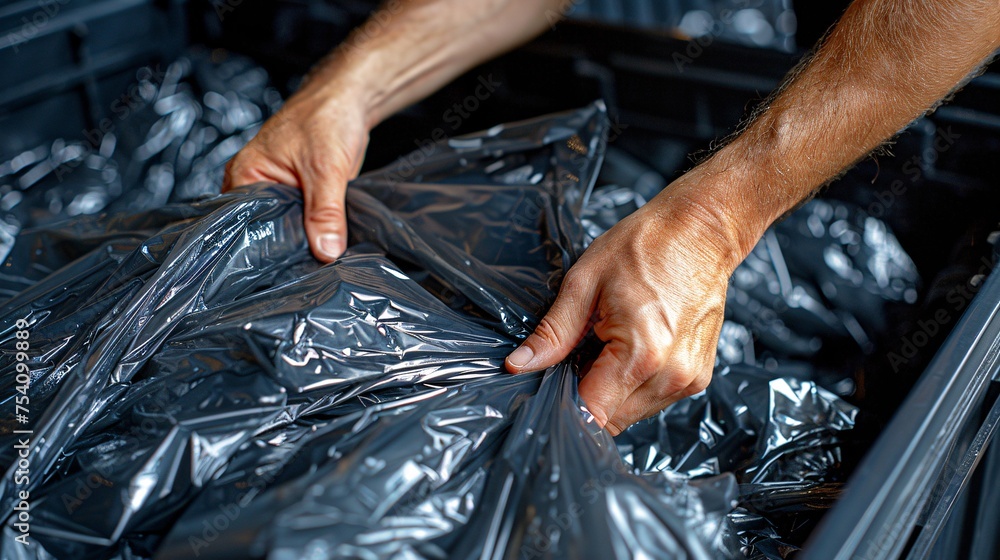 Disposing of waste by placing it in a garbage bag and depositing it ...