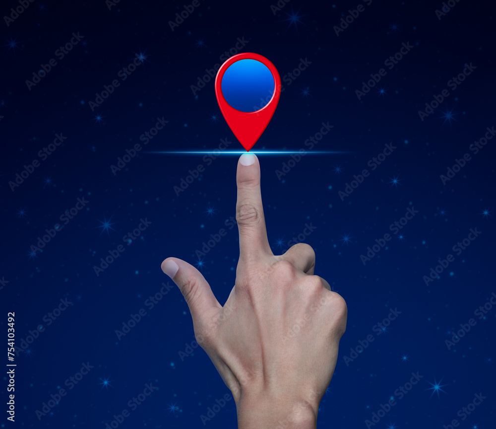 Hand pressing map pin point location button over fantasy night sky, Map ...