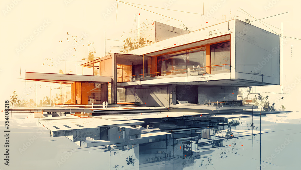 A 3D architectural model of a house positioned over blueprints ...