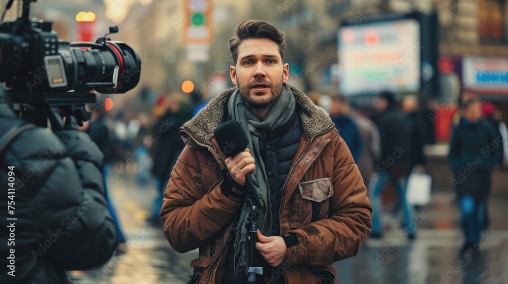 Breaking news reporter concept. Man public speaker holding microphone ...