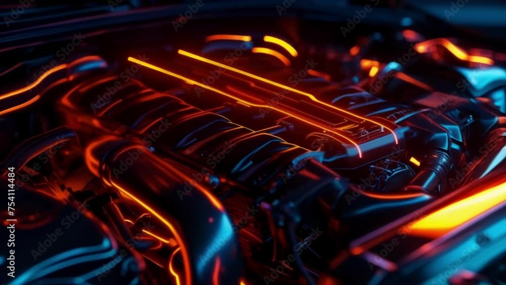 The neon lights reflecting off a sleek black intake manifold revealing ...