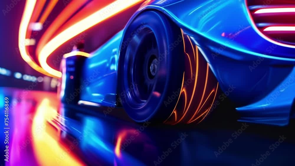 The camera zooms in on a cars wheel as it turns a sharp corner the neon ...