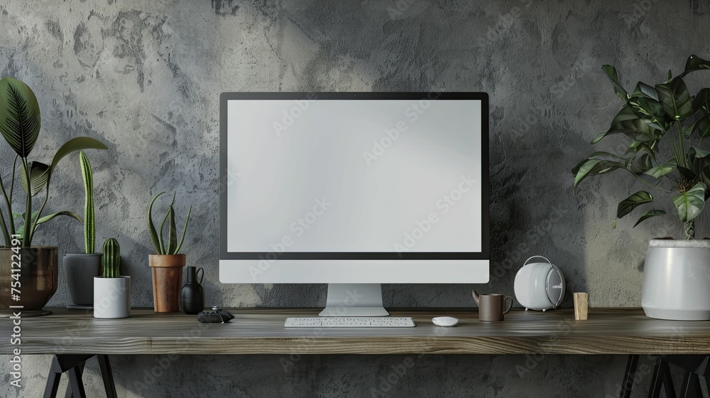 Computer mockup with blank screen on a textured concrete wall ...