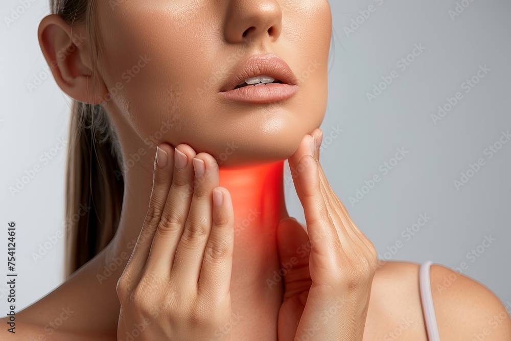 Female checking thyroid gland by herself. Close up of woman in white t ...