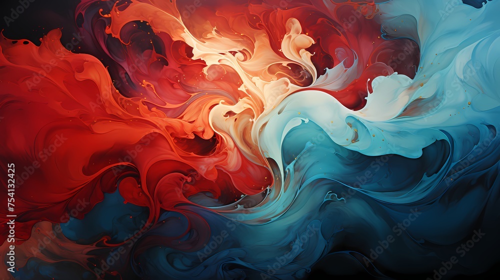 Turquoise and ruby-red liquids clashing with immense intensity, forming ...