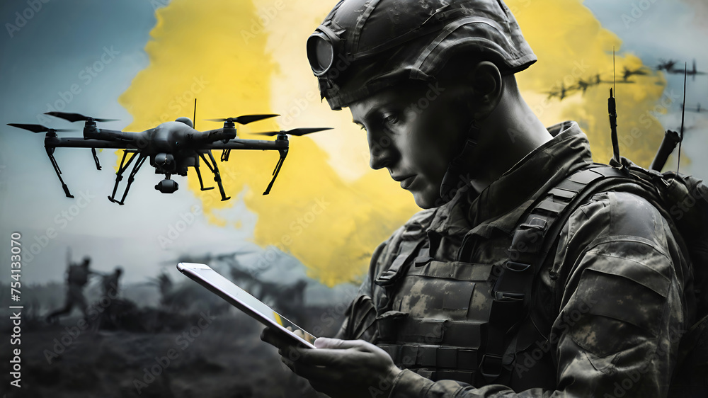 Military drone operator soldier using flying UAV. Scouting during ...