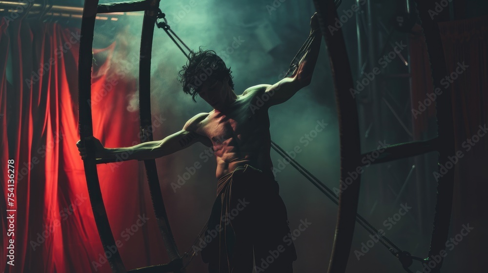 Black Male Circus Performer: Muscular Acrobat and Gymnast Spinning in ...