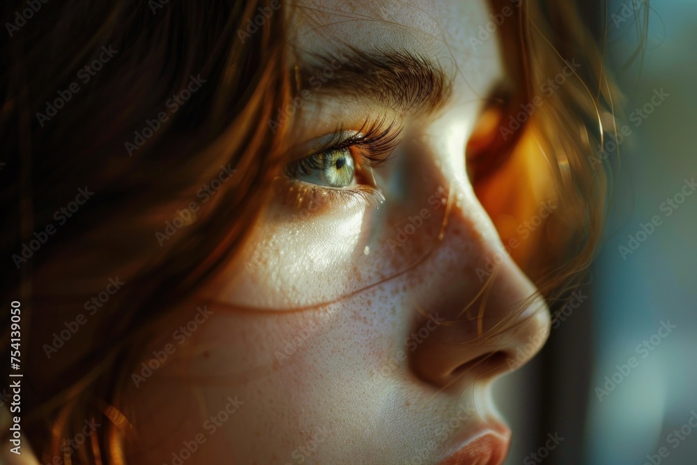 Close-up portrait of young woman with sun-kissed face by golden hour ...