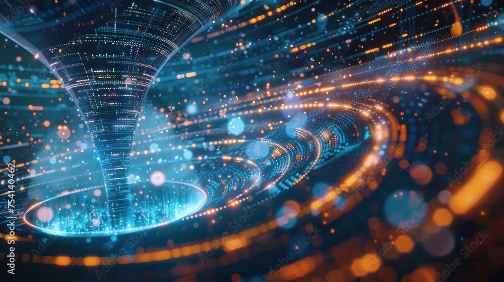 Big Data technology and information funnel concept, converging data ...