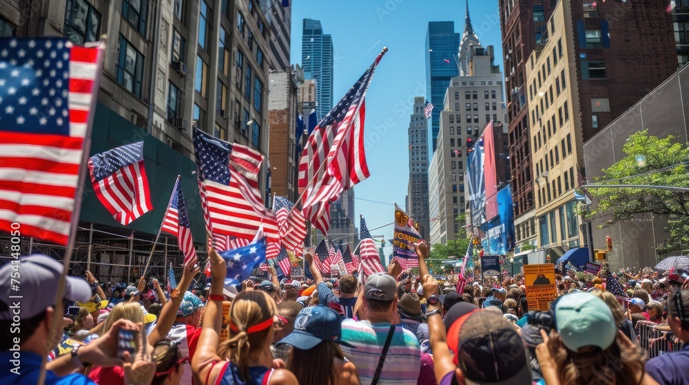 Patriotic City Parade. Unity and pride as crowds wave flags, honoring ...