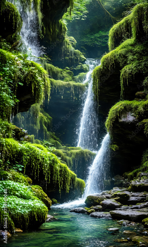 Enchanted Waterfall. A waterfall cascades down moss-covered rocks ...