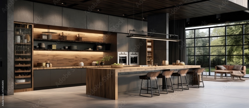 A modern-style house features a large open kitchen with plenty of ...