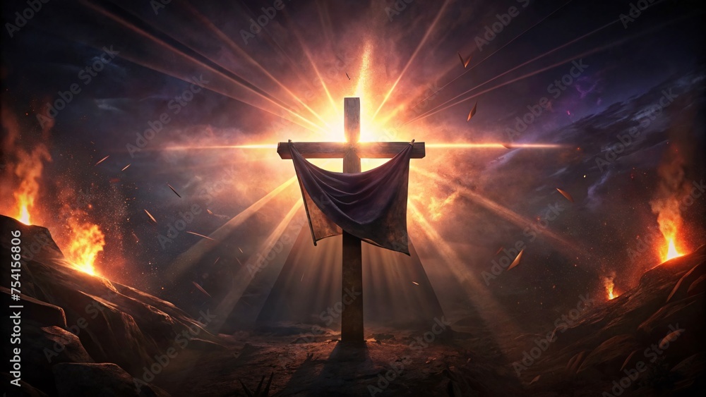 Jesus Christ cross with burning fire and smoke on the background Stock ...