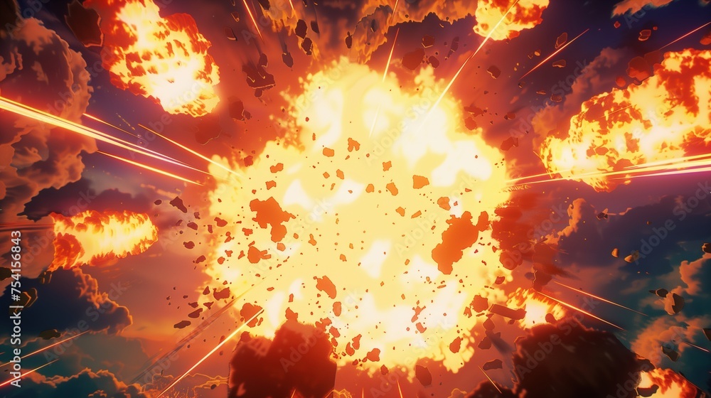 Anime style space explosion background, cartoon blast with fire and ...