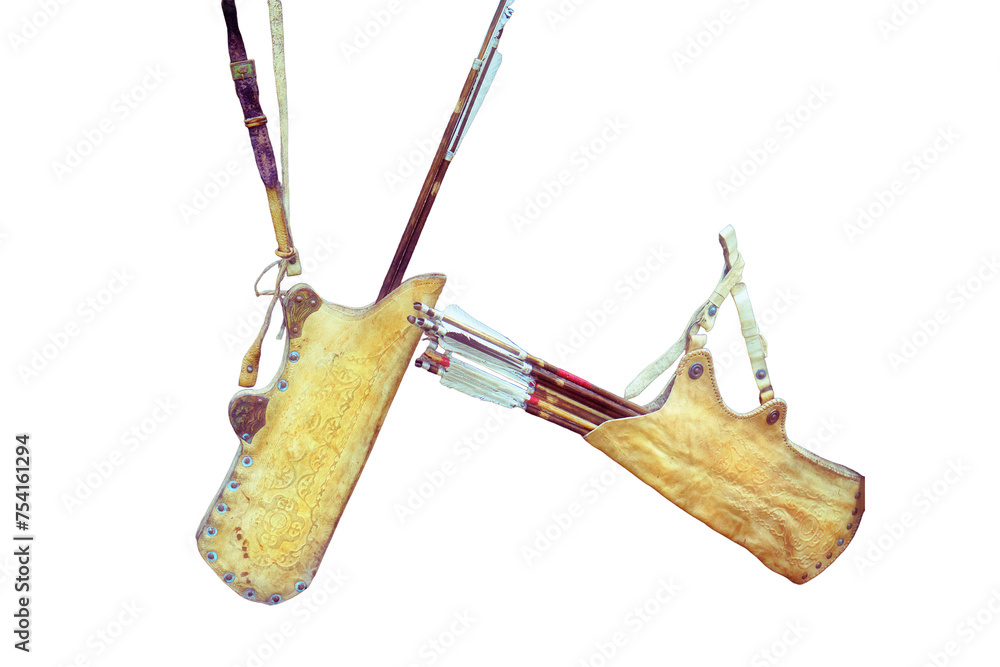 Quivers with vintage bows hanging on the wall of the Yurt Buryats ...