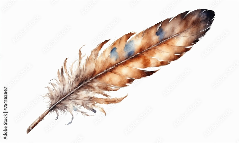 watercolor drawing of a hawk feather. Hand drawn illustration isolated ...