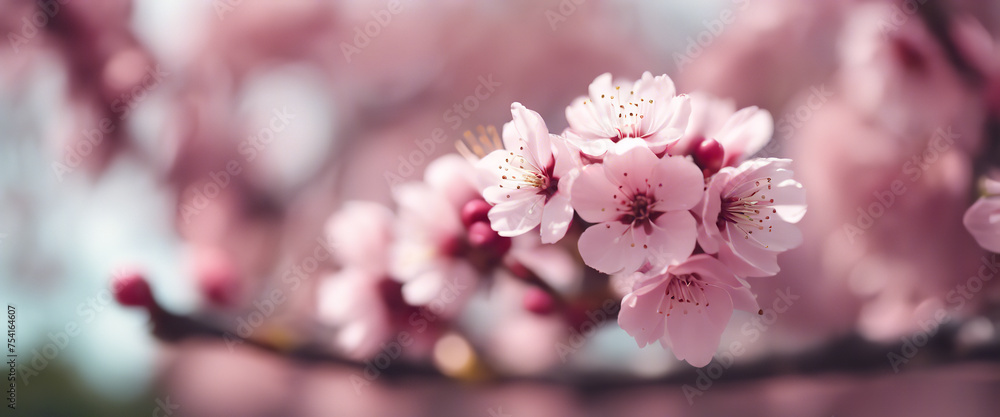 Cherry blossom in full bloom. Cherry fresh flowers in small clusters on ...