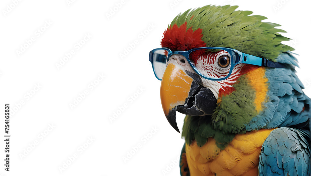 Beautiful parrot wearing plastic glasses isolated on transparent ...