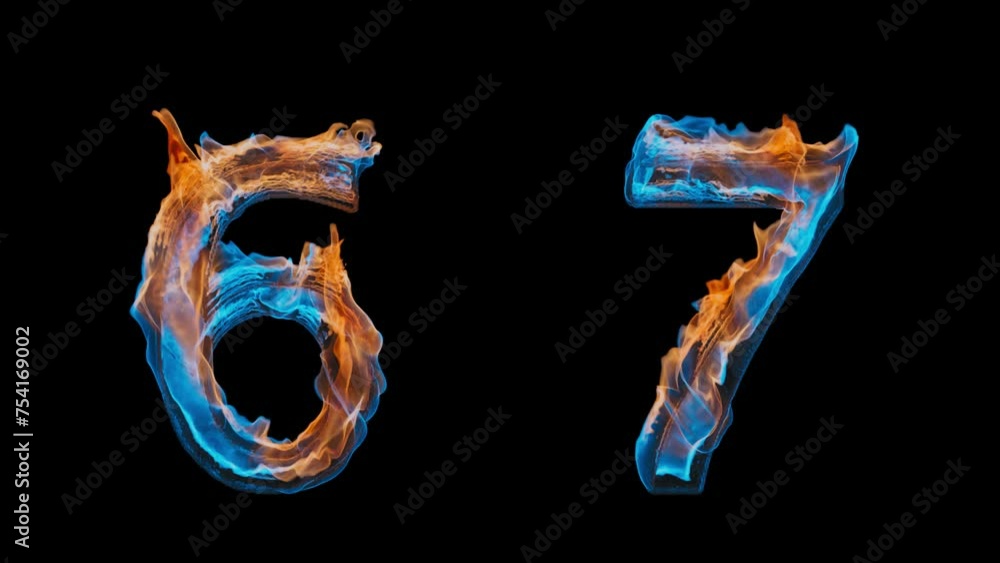 3D animation number 6 and 7 appears by fire. Flame, covering the ...