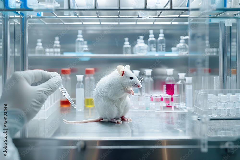 A focused scene inside a biosafety cabinet, where a white laboratory ...