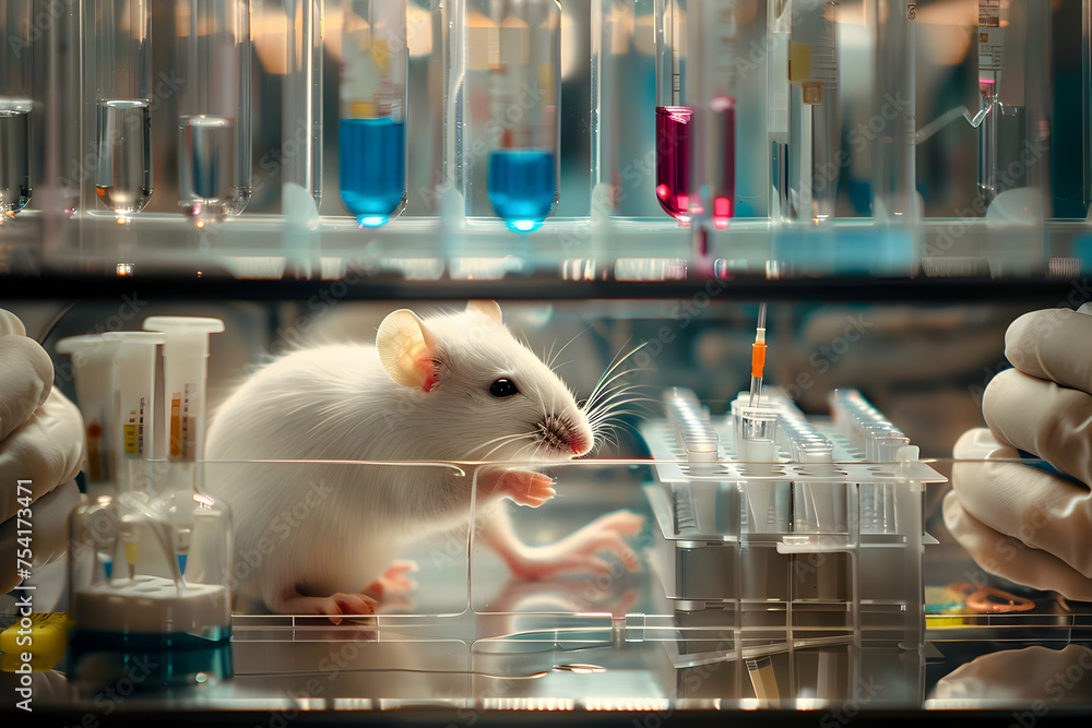 A focused scene inside a biosafety cabinet, where a white laboratory ...