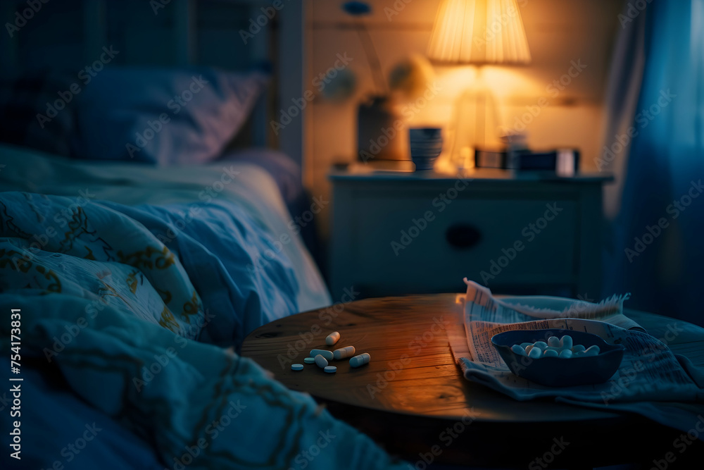 An intimate bedside scene at night, featuring a pill bottle of ...
