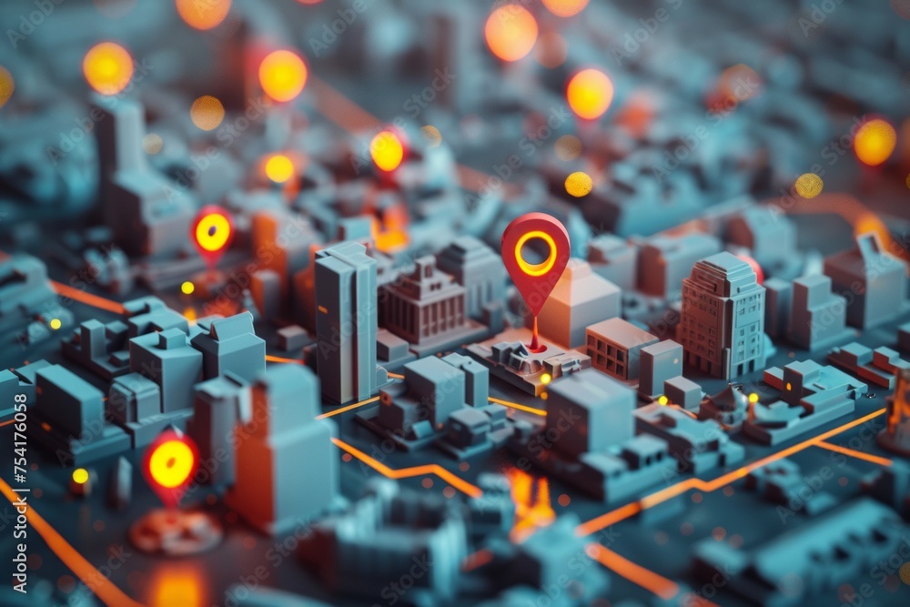 Stylized city map with location pins Stock Illustration | Adobe Stock