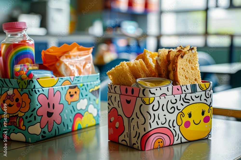 Colorful Lunch Boxes with Sandwiches and Snacks on a Table in a Bright ...