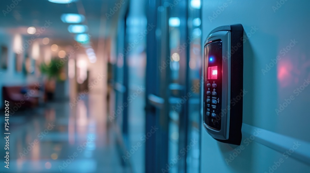 The fingerprint scanner scans fingerprints on the wall near the office ...
