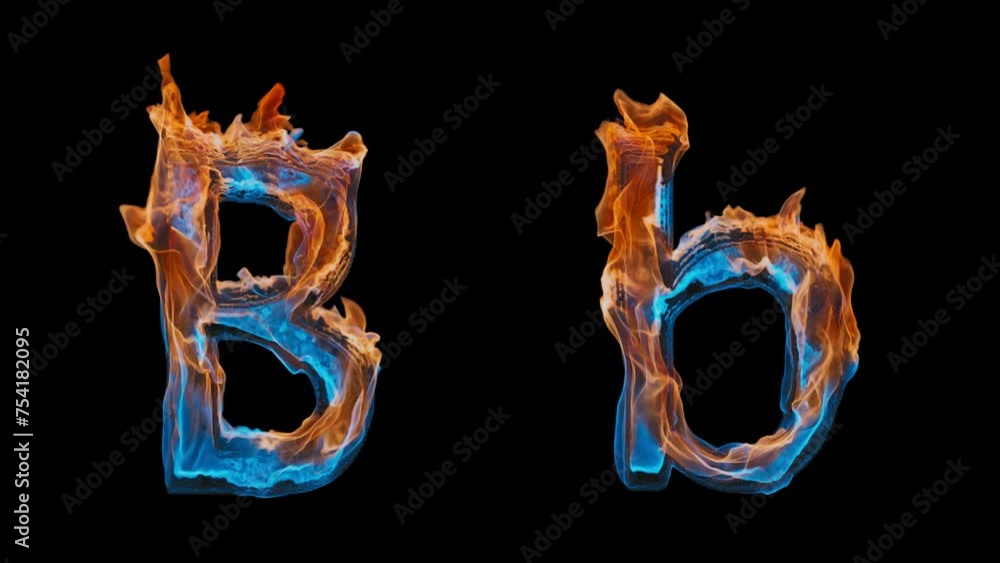 3D letter B appears by fire. Flame, covering the letter, dances bright ...