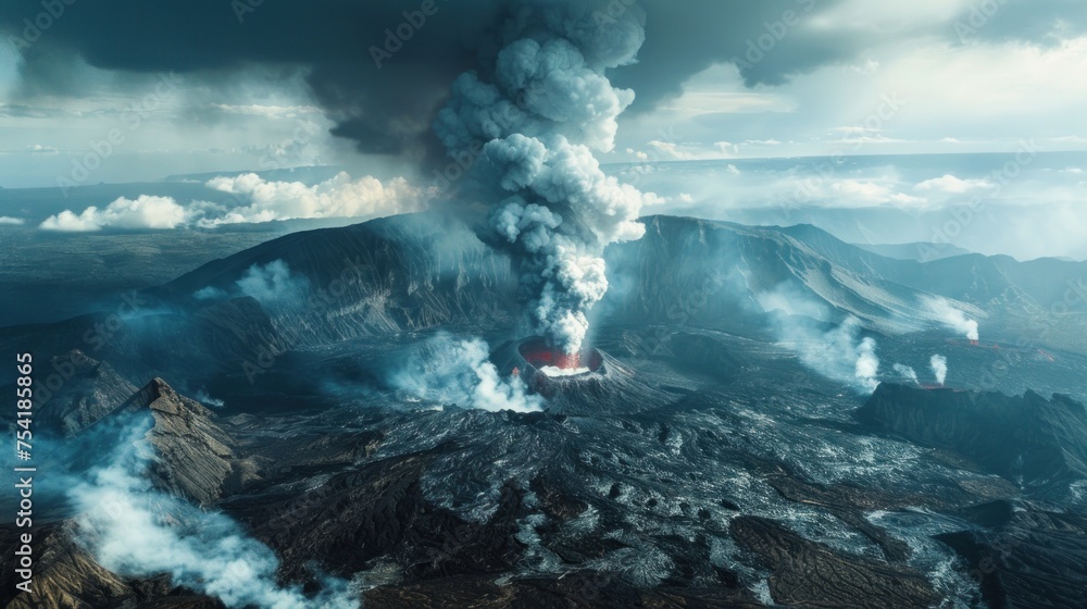 Aerial view of a large volcano erupting A large volcano erupts ...