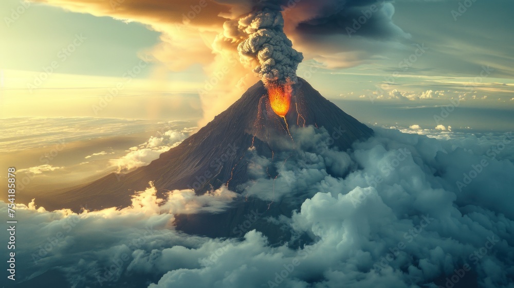 Aerial view of a large volcano erupting A large volcano erupts ...