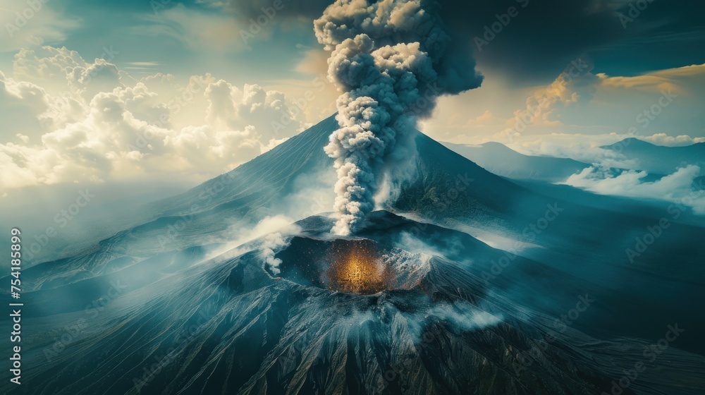 ภาพประกอบสต็อก Aerial view of a large volcano erupting A large volcano ...